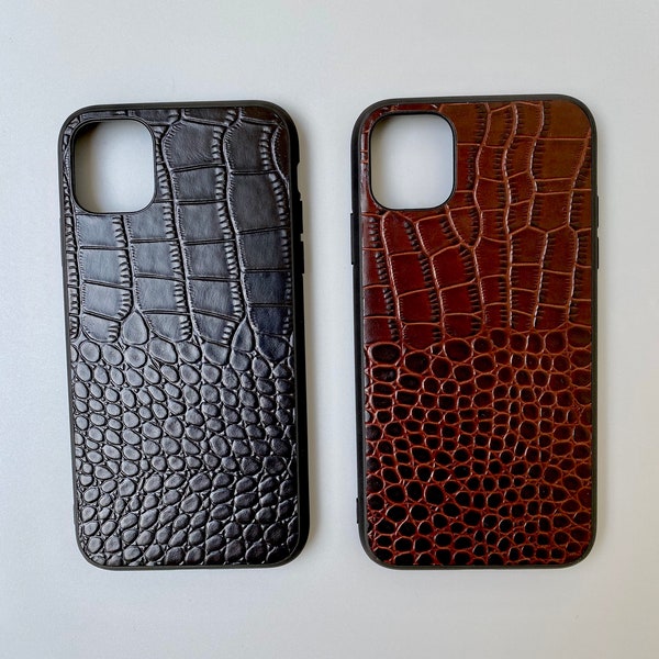 Black Leather Phone Case Croc Print - Etsy