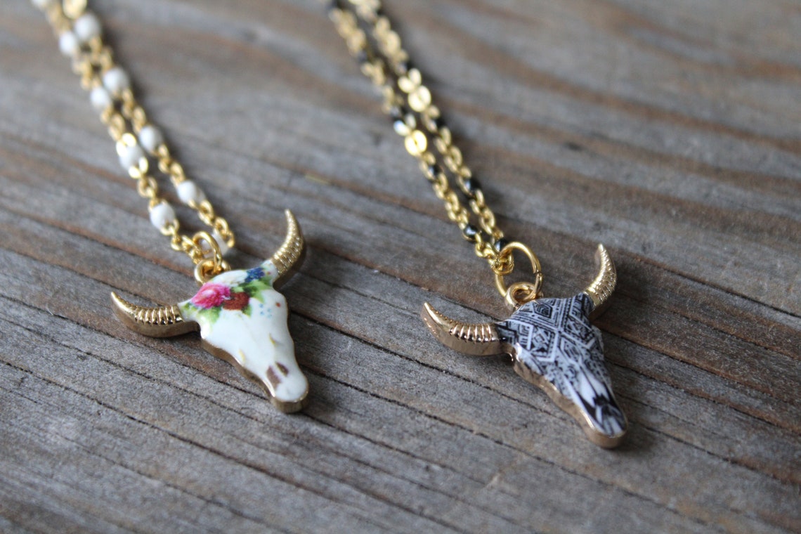 Bull Charm Necklace With Gold and Enamel Chain, Cow Steer Charm - Etsy