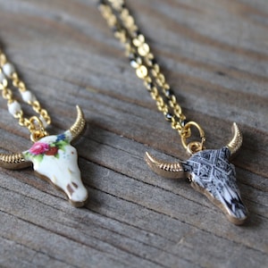 Bull Charm Necklace With Gold and Enamel Chain, Cow Steer Charm - Etsy