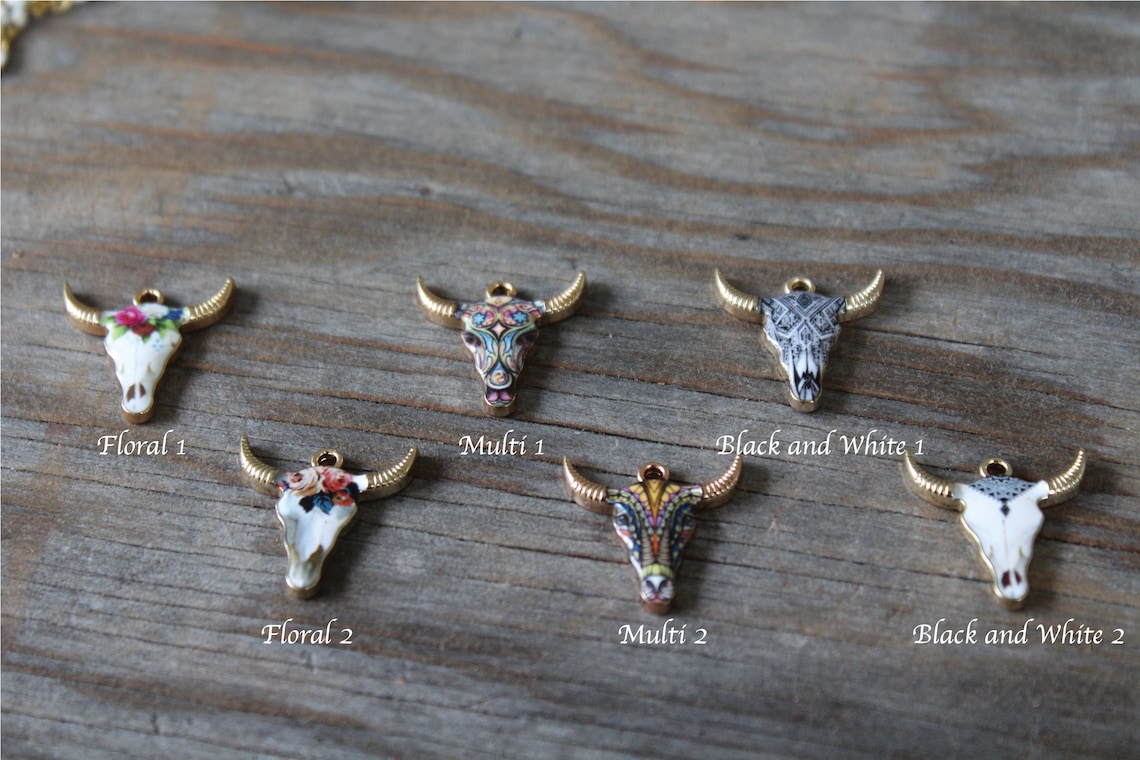 Bull Charm Necklace With Gold and Enamel Chain Cow Steer - Etsy