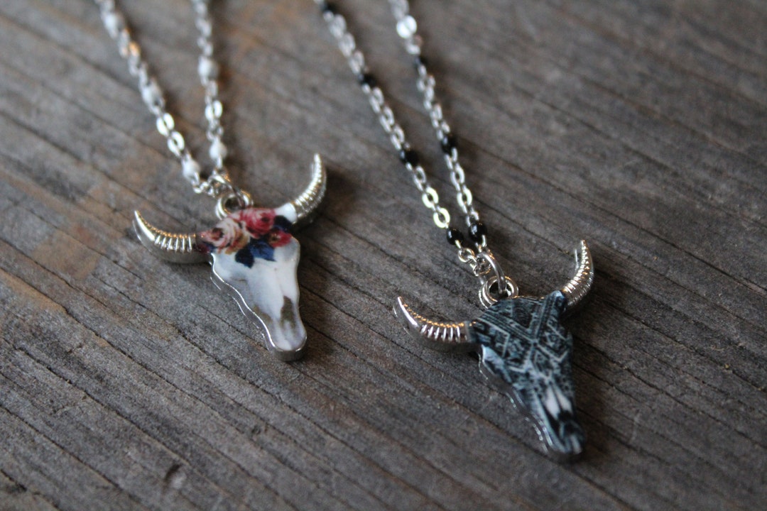 Bull Charm Necklace With Silver and Enamel Chain, Cow Steer Charm - Etsy