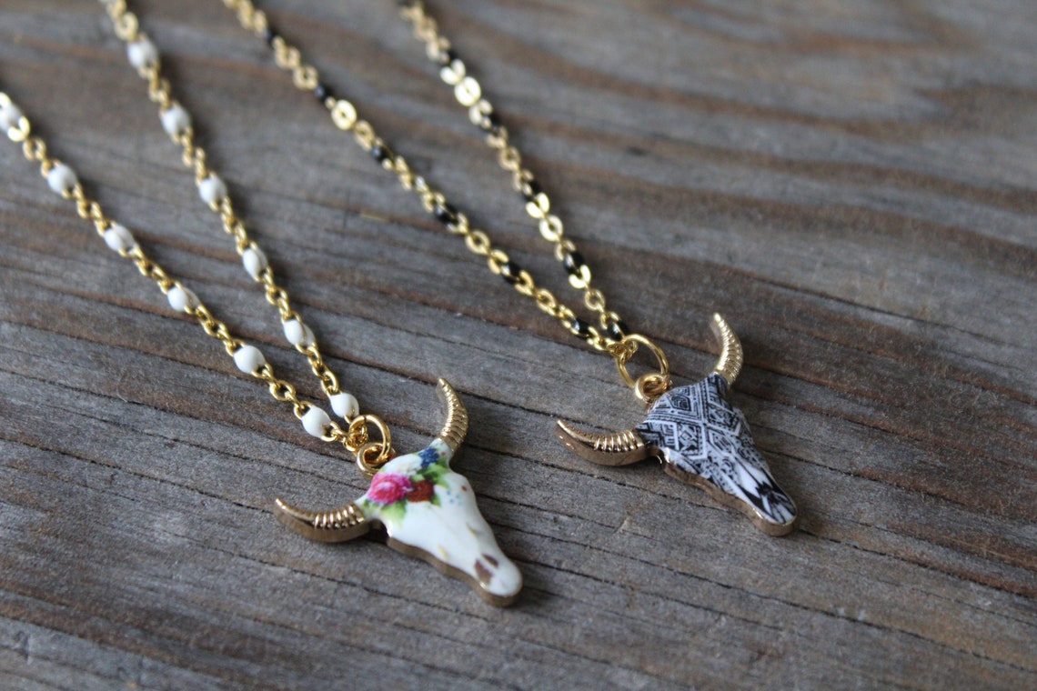Bull Charm Necklace With Gold and Enamel Chain Cow Steer - Etsy