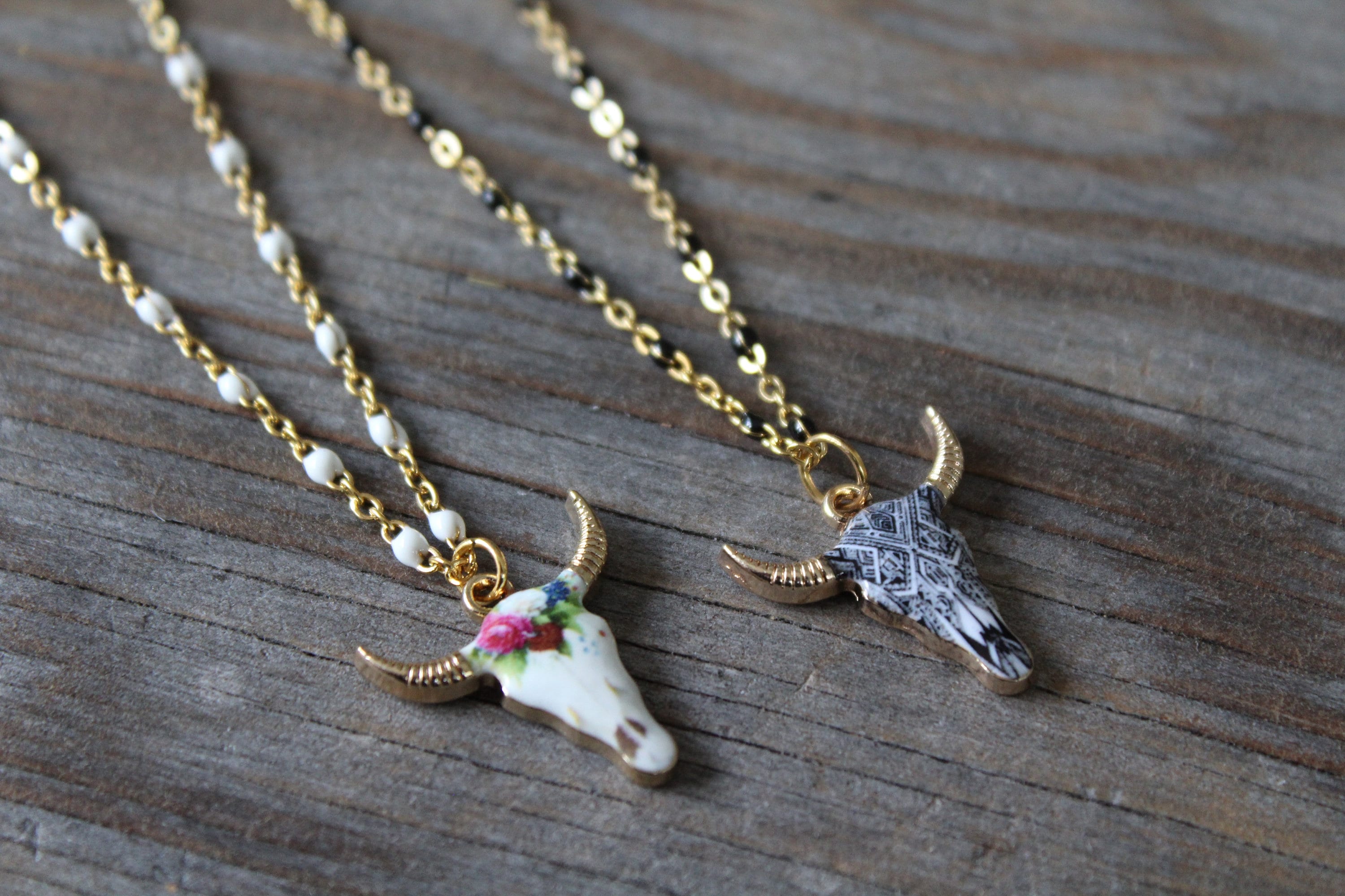 Bull Charm Necklace With Gold and Enamel Chain, Cow Steer Charm - Etsy