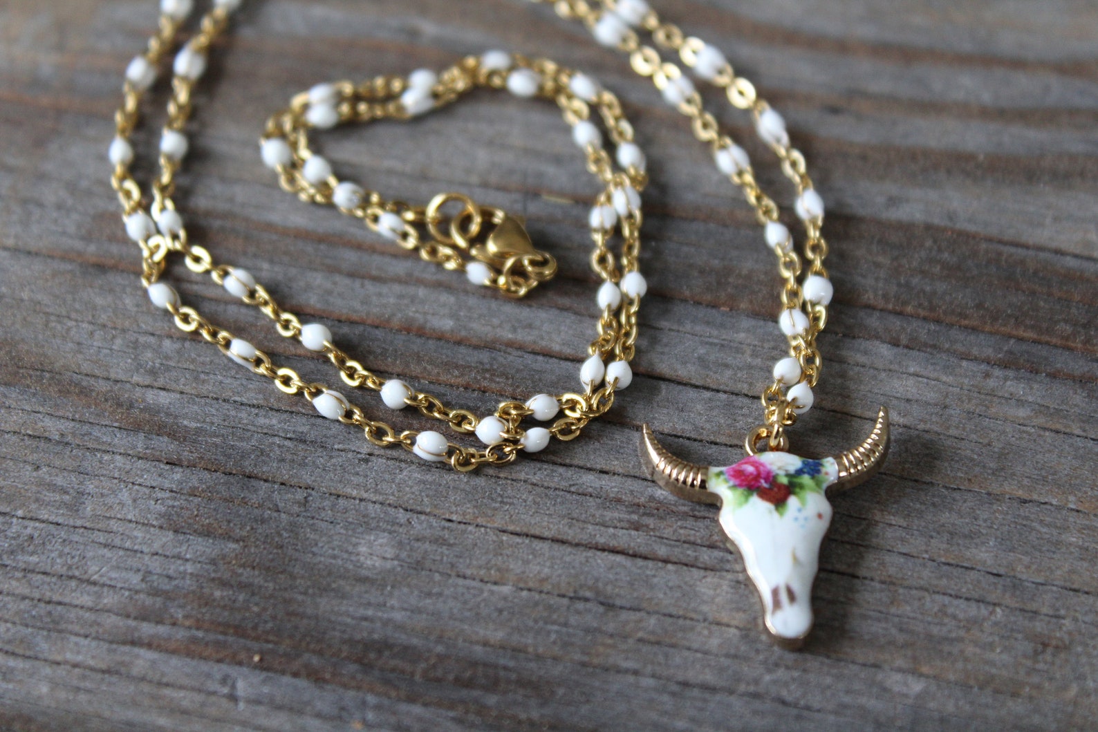 Bull Charm Necklace With Gold and Enamel Chain, Cow Steer Charm - Etsy
