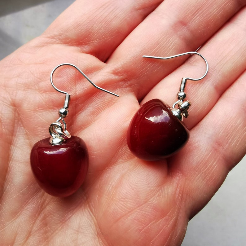Ruby Red Cherry Earrings, Aesthetic Fruit Charm, Dainty Sweet Cherry ...