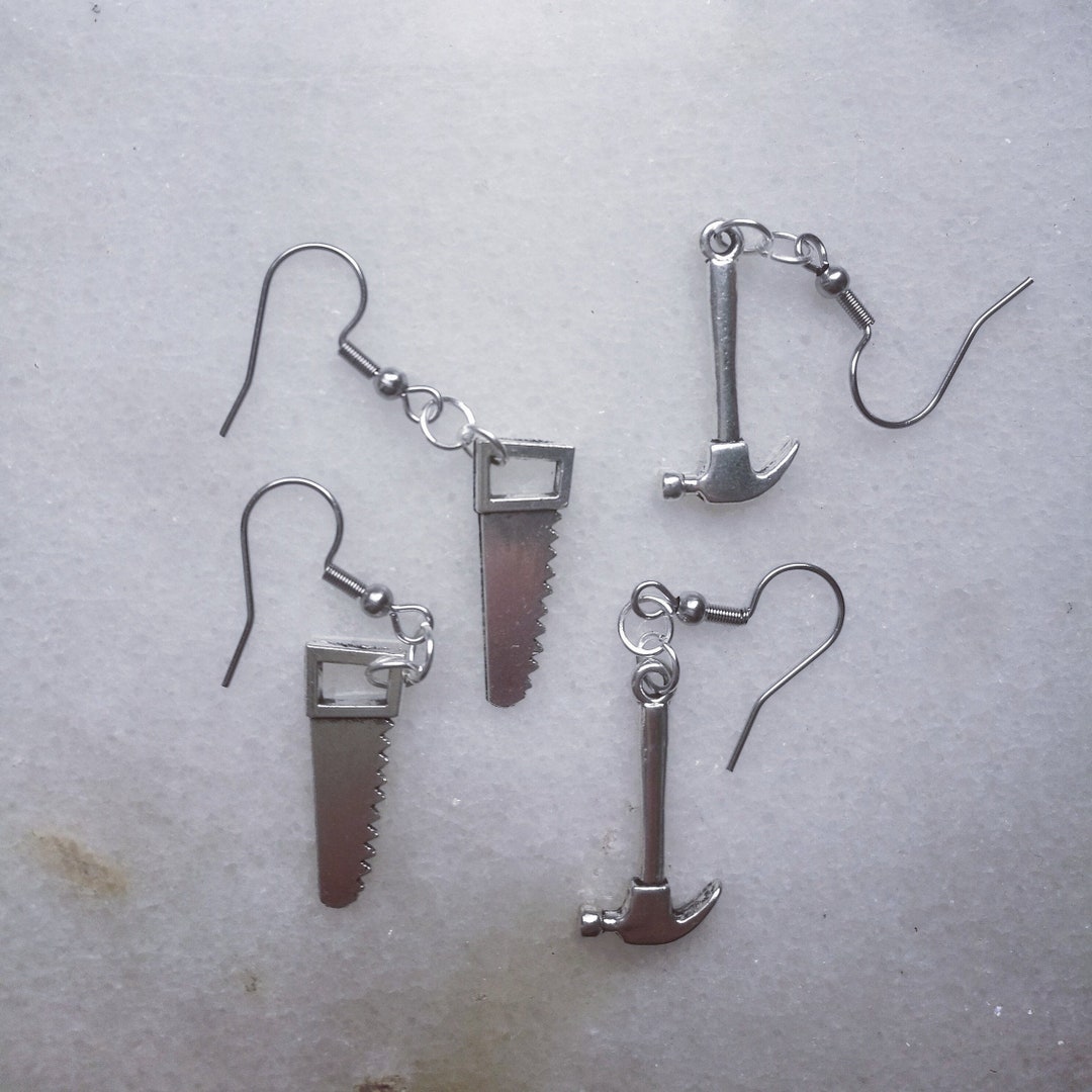 Hammer & Saw Earrings, DIY Silver Tool Box Mechanic Jewelry, Hand Saw ...