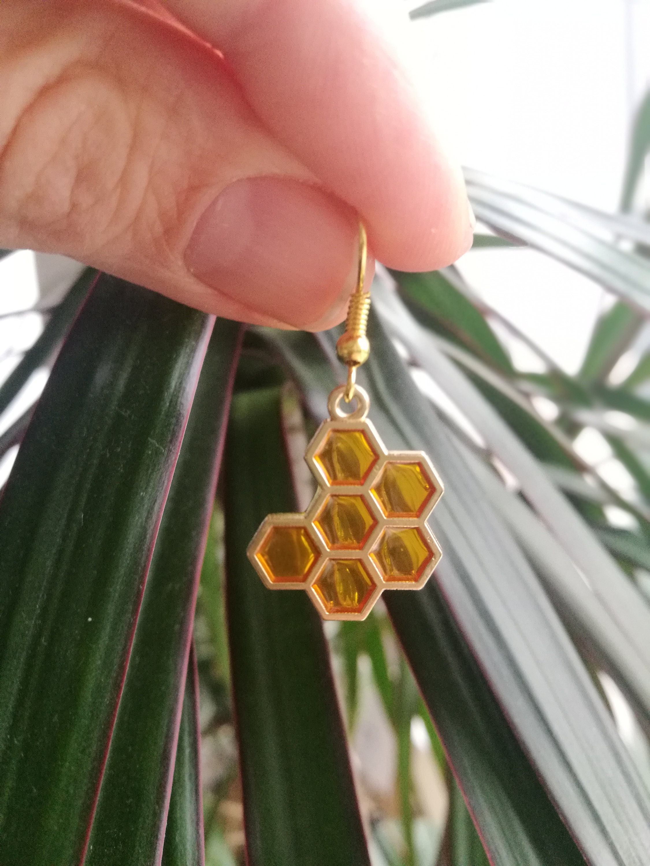 Amber Gold Honeycomb Earrings Pink Gold Drop Bee Honey | Etsy