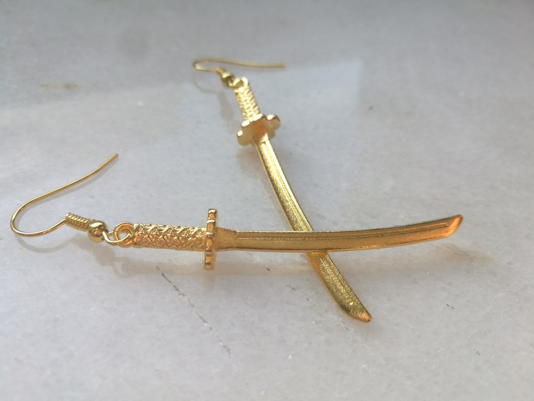 Katana Samurai Gold Sword Earrings, Japanese Jewelry, Ninja Long Sword ...