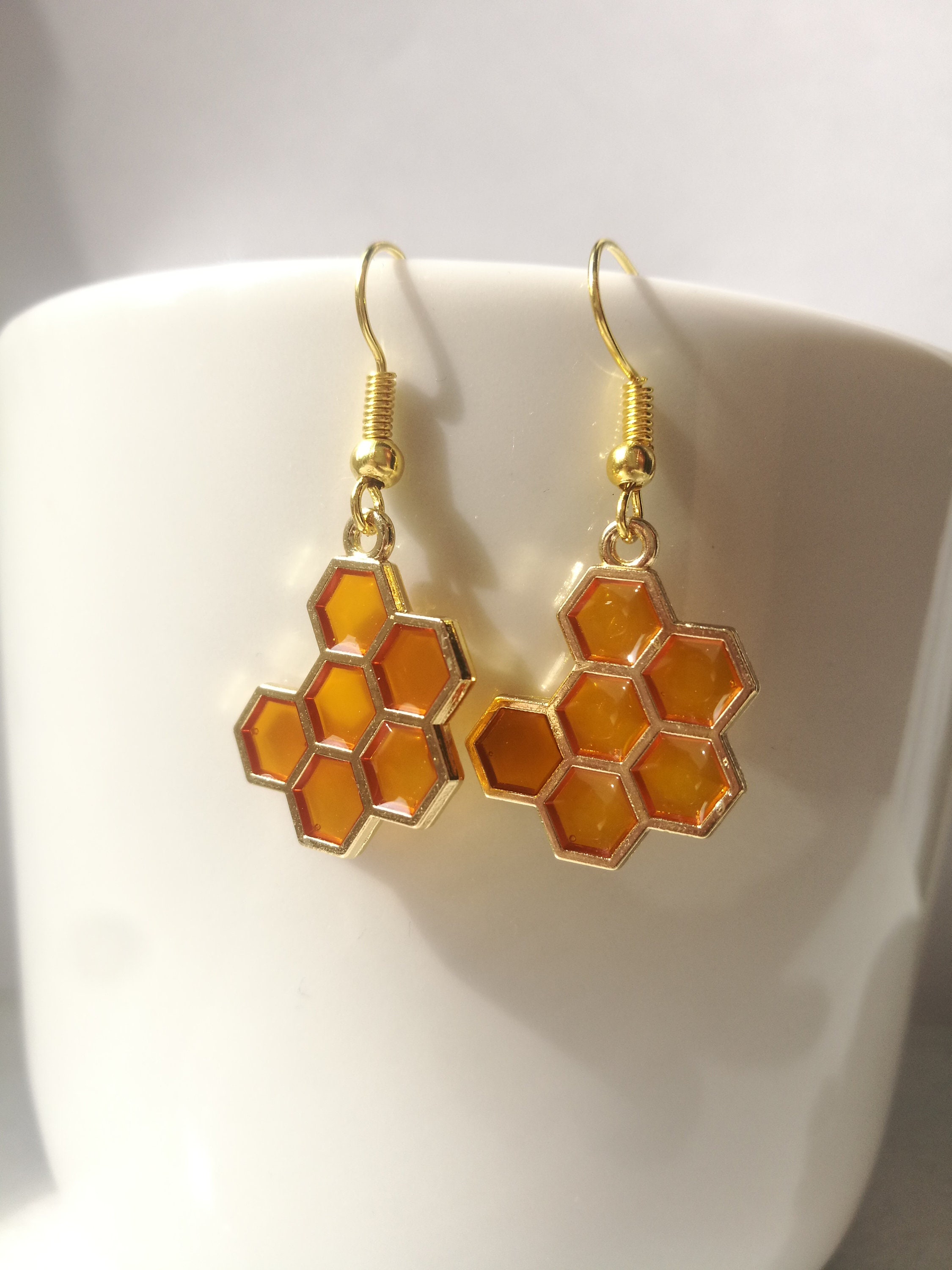 Amber Gold Honeycomb Earrings Pink Gold Drop Bee Honey | Etsy
