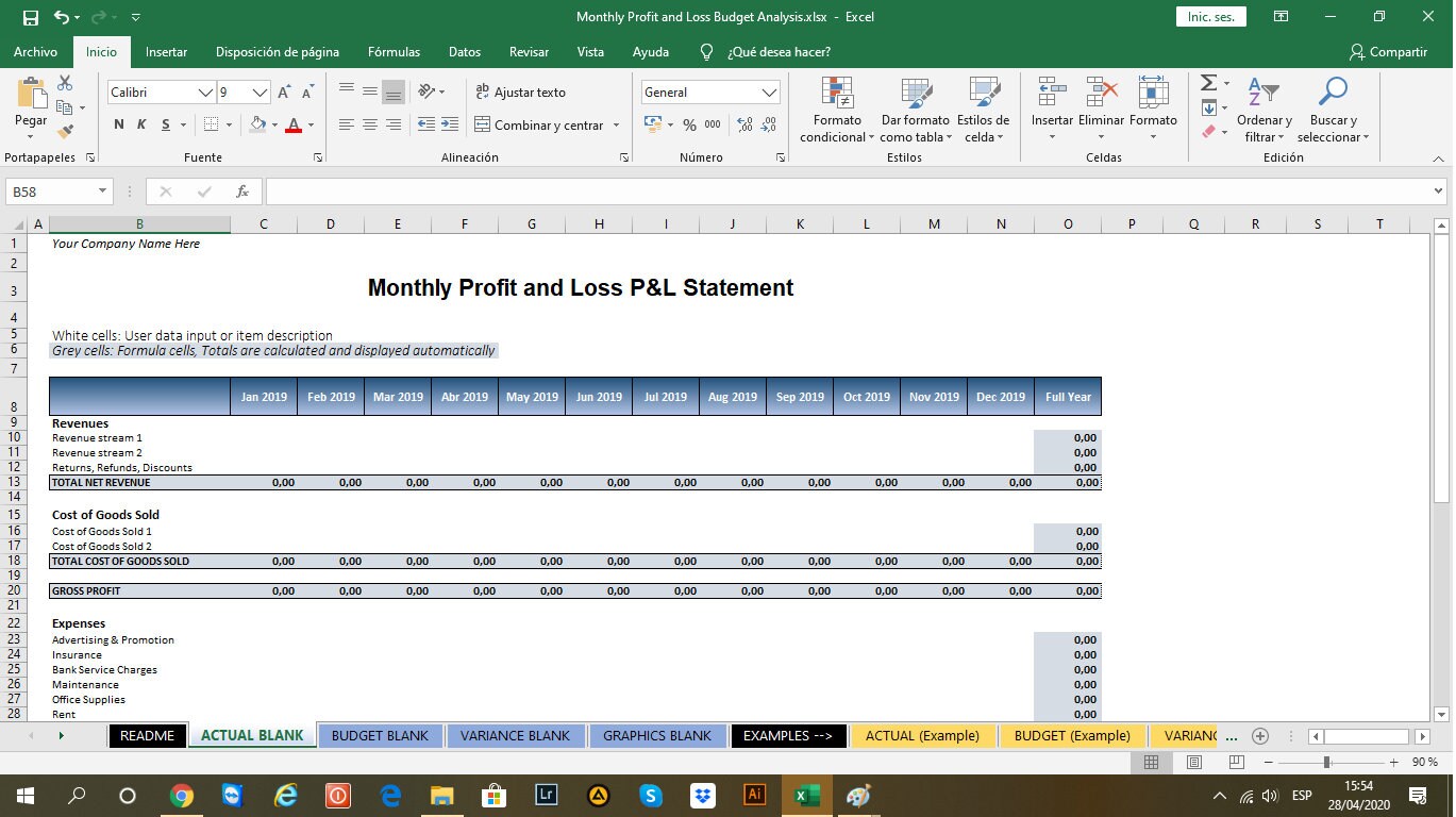 Profit and Loss Budget Monthly Analysis, Expense Tracker, Excel ...
