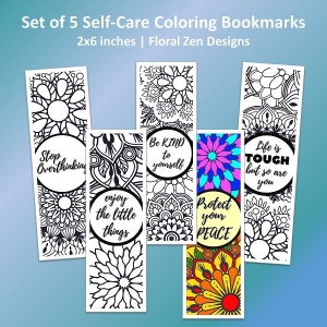 Set of 5 Printable Self-care Coloring Bookmarks, Floral Zen Designs, 2 ...