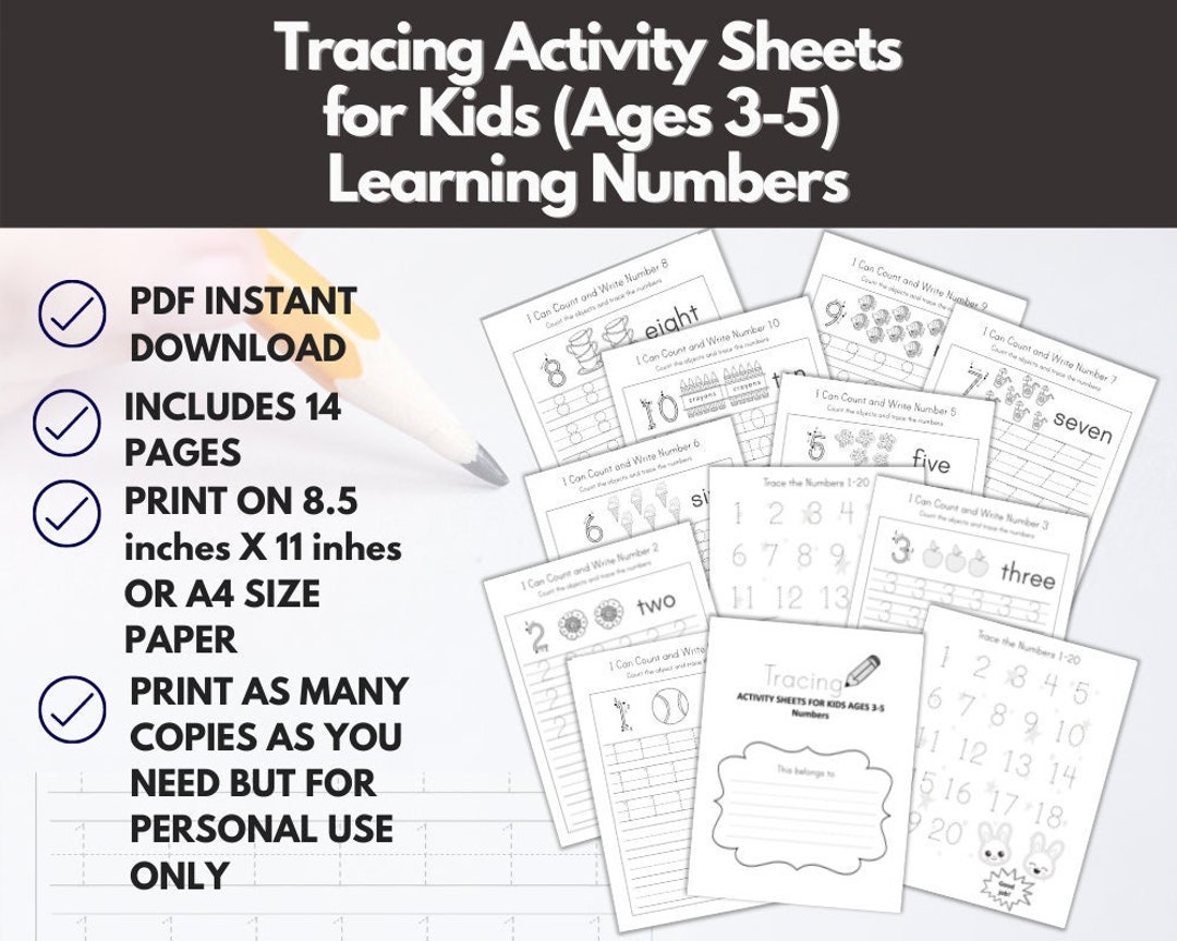 Tracing Activity Sheets for Kids Ages 3-5 Number Tracing Printable PDF ...