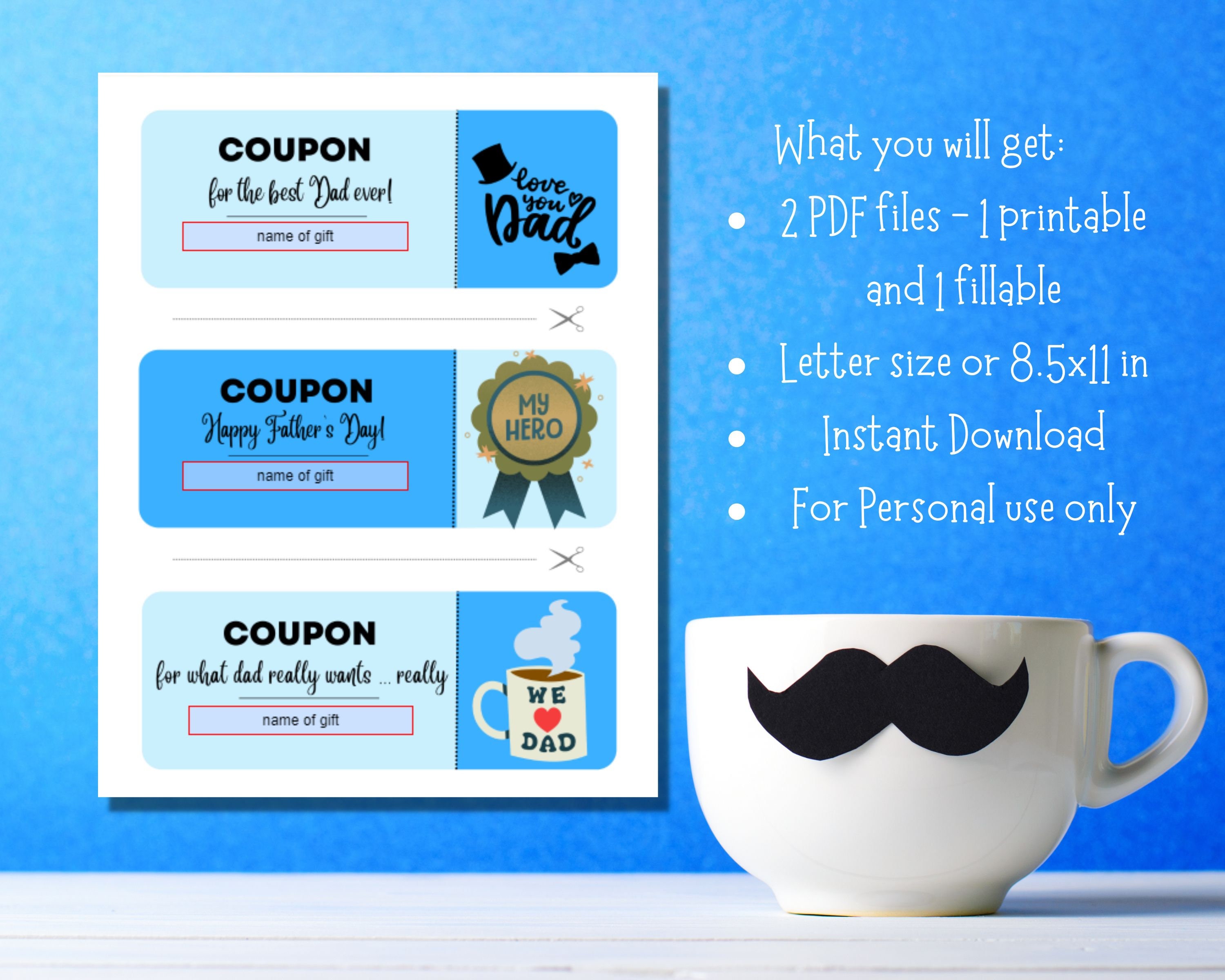 Printable & Fillable Coupon for Dad, DIY Father's Day Gift Voucher ...