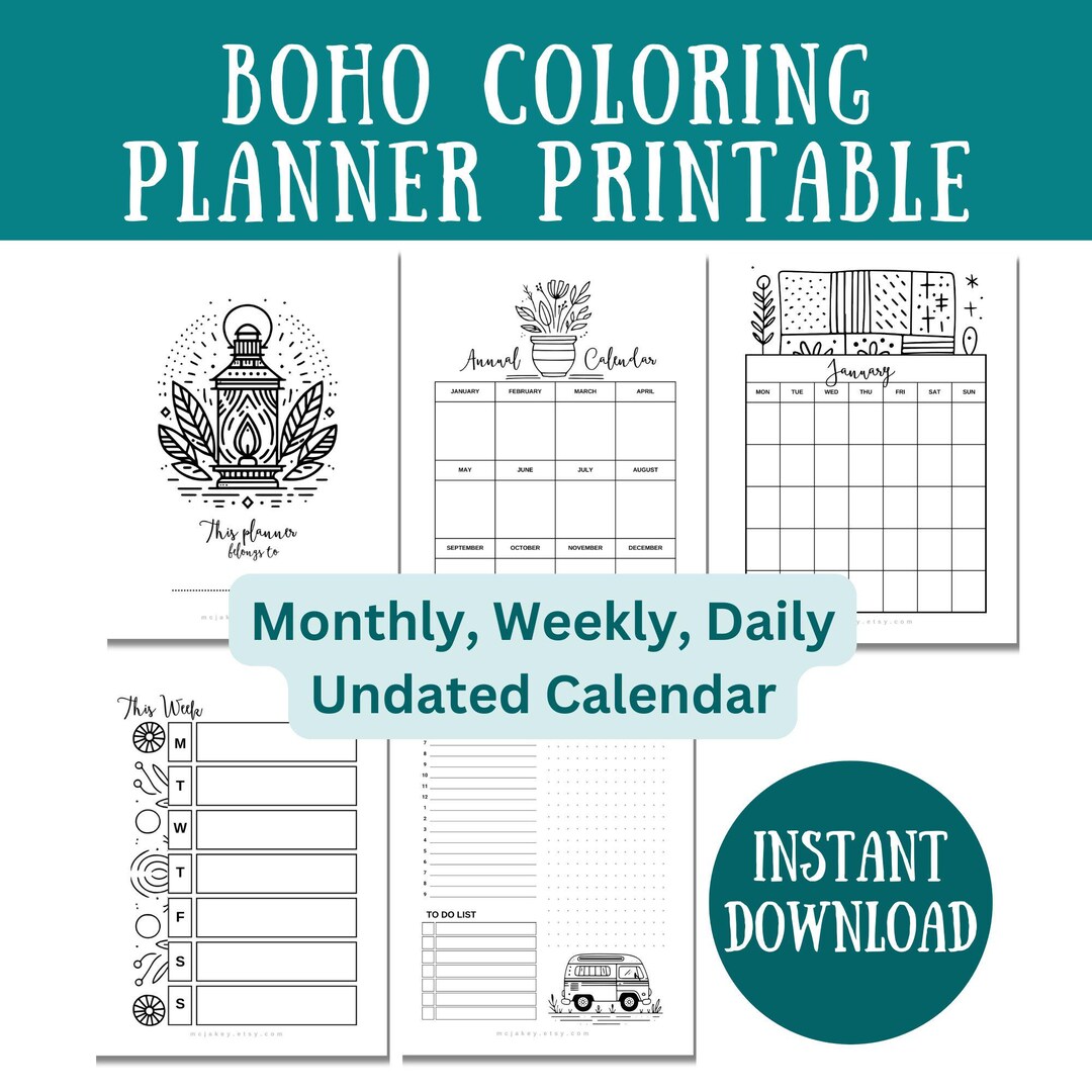 Boho Coloring Planner Printable: Undated Monthly, Weekly, Daily (PDF ...