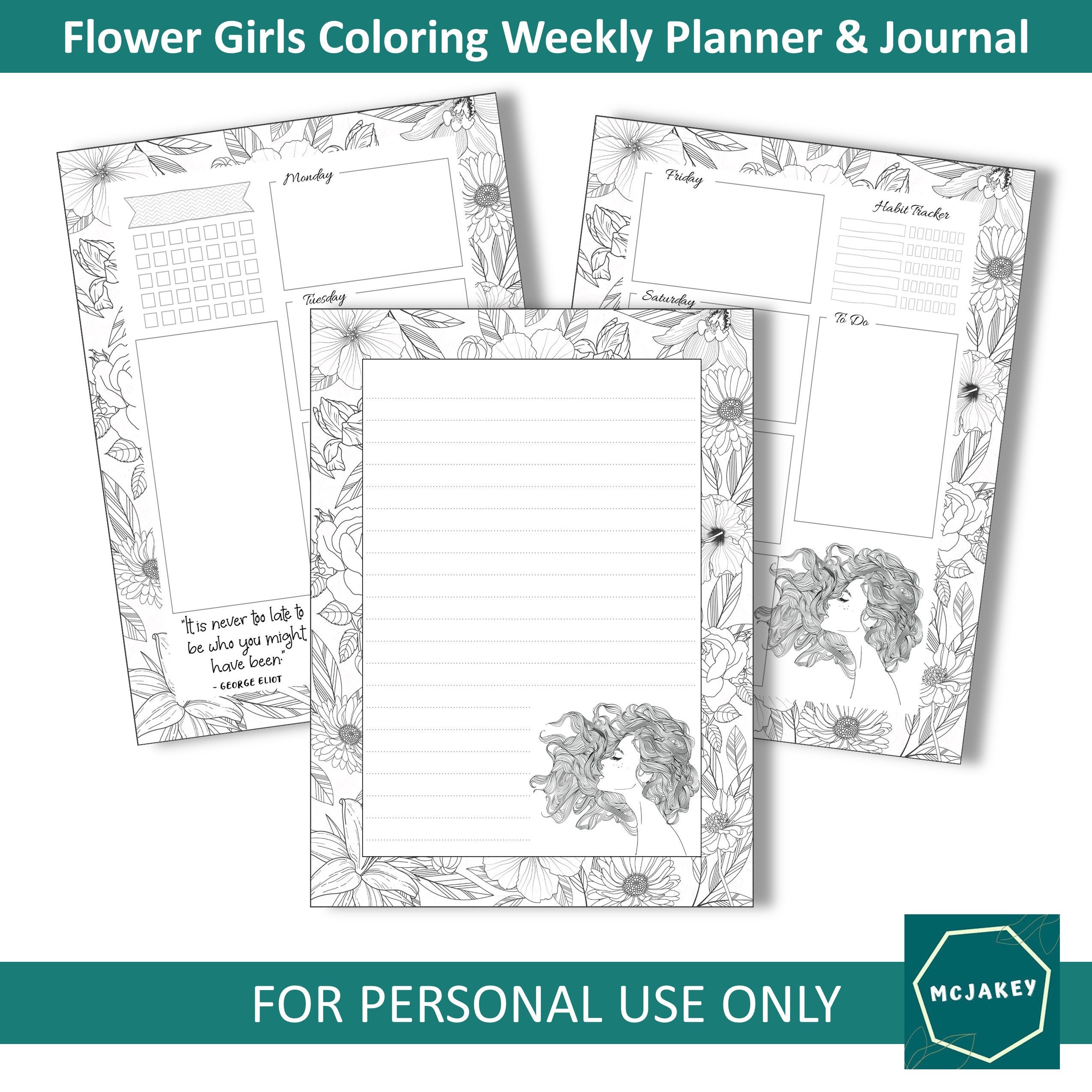 Printable Coloring Weekly Planner: Floral Design Journal (digital ...