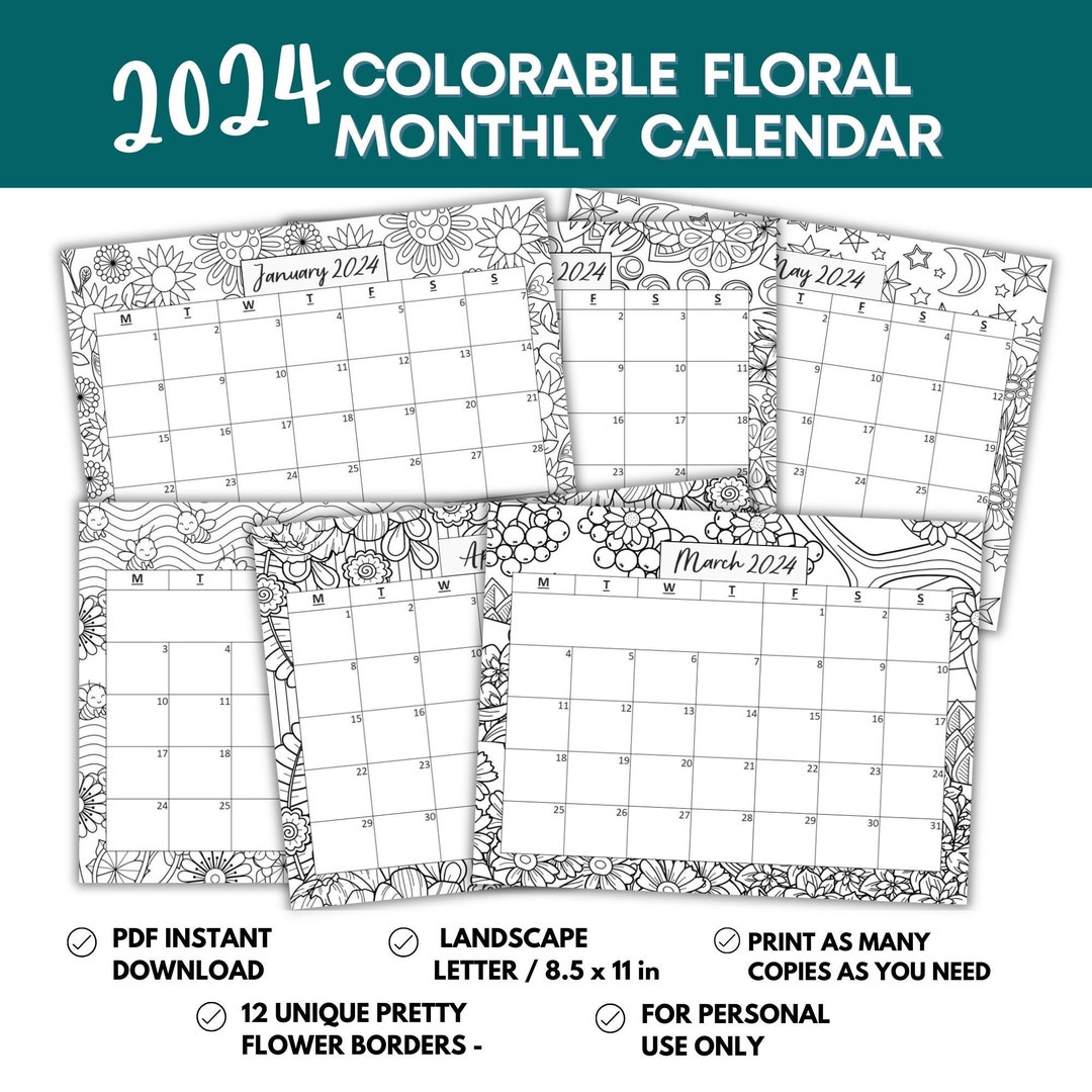 Printable & Editable Colorable Calendar for 2024, Floral Dated Monthly ...