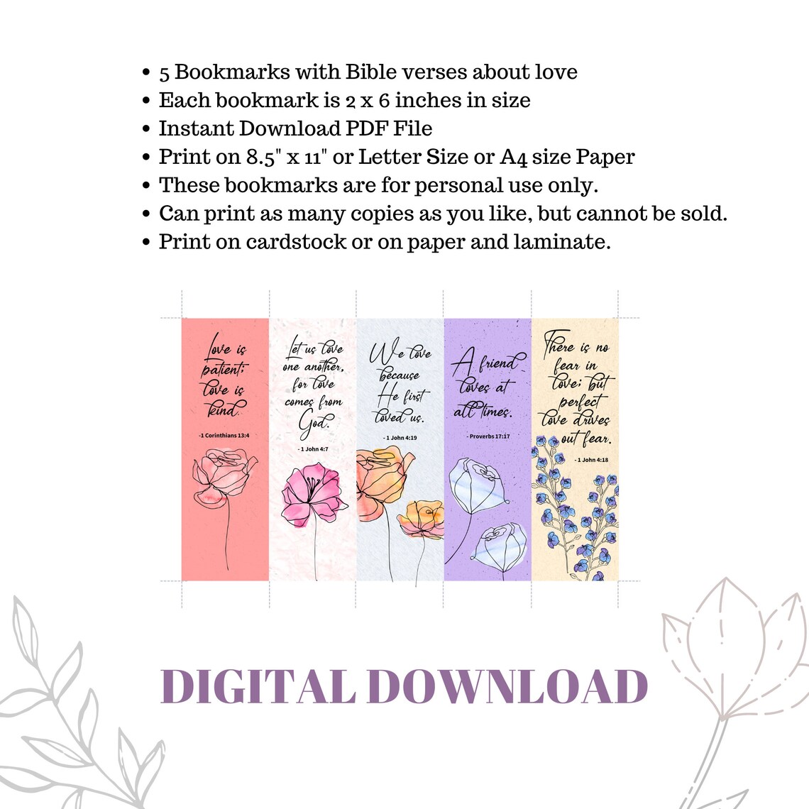 Printable Christian Love Bible Verses Bookmarks, Size 2x6 Inches, Gift ...