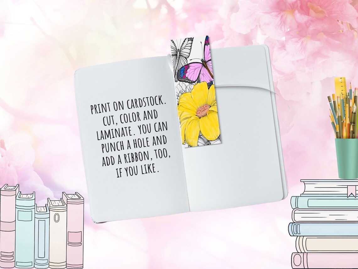 5 Printable Bookmarks With Butterfly and Flowers to Color Yourself, 2x6 ...