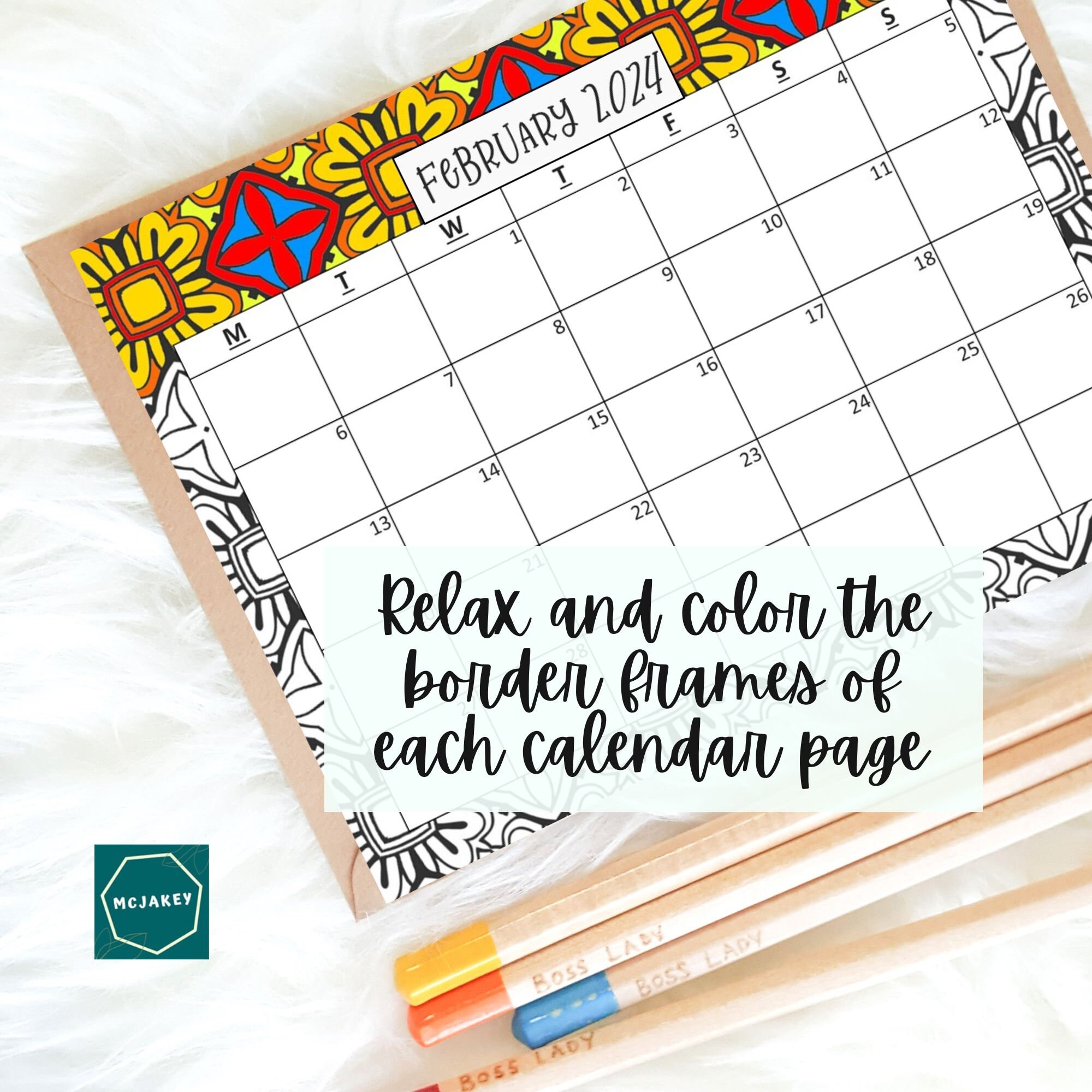 Printable Coloring Pattern Calendar for 2024, Geometric Borders, Dated ...