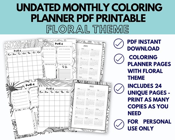 Undated Monthly Coloring Planner PDF Printable Floral-theme | Etsy