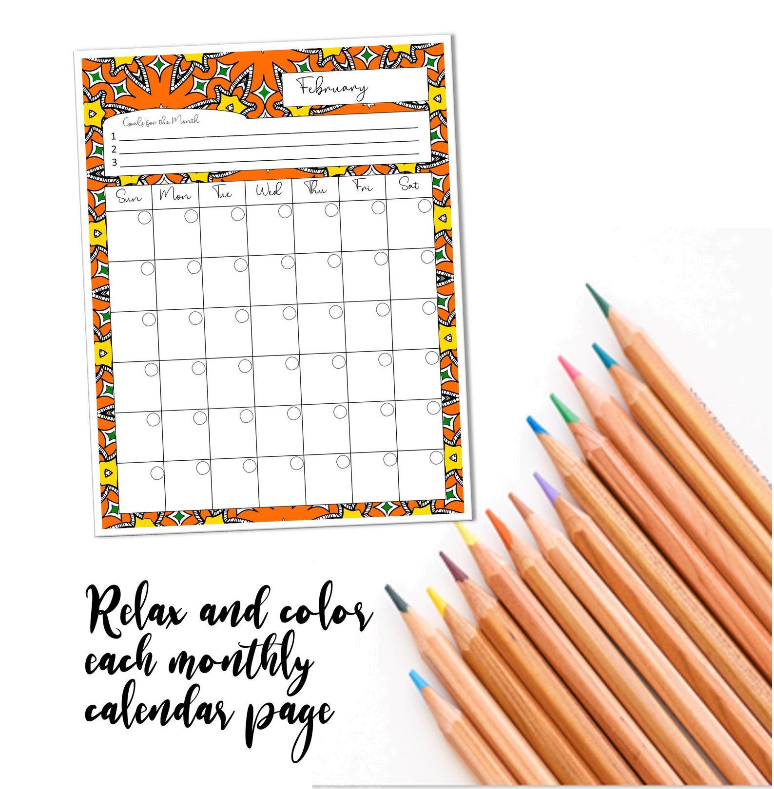 Undated Printable Pattern Coloring Calendar, Monthly Planner, 8.5 in X ...