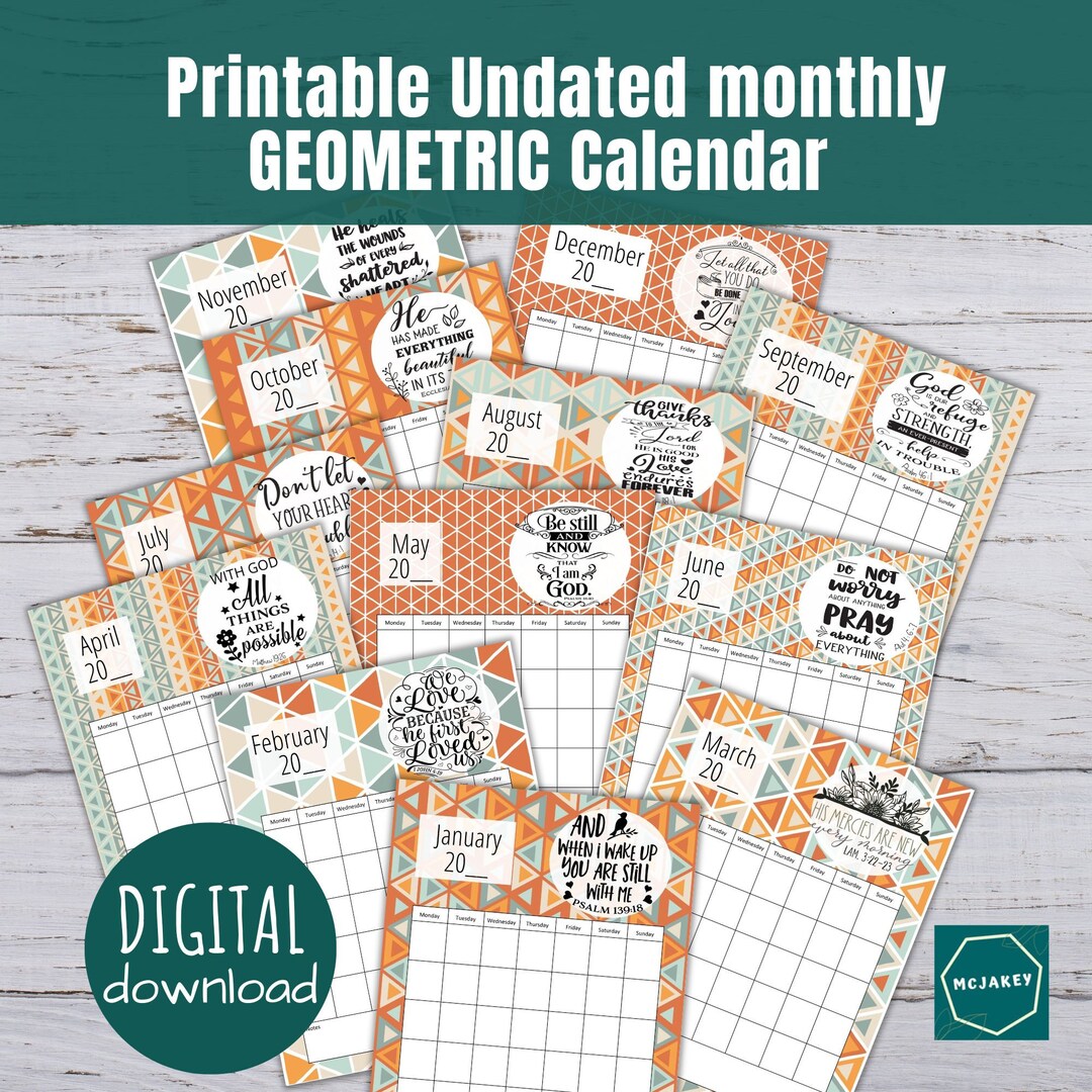 Printable Undated Monthly Geometric Calendar With Christian Bible Verse ...