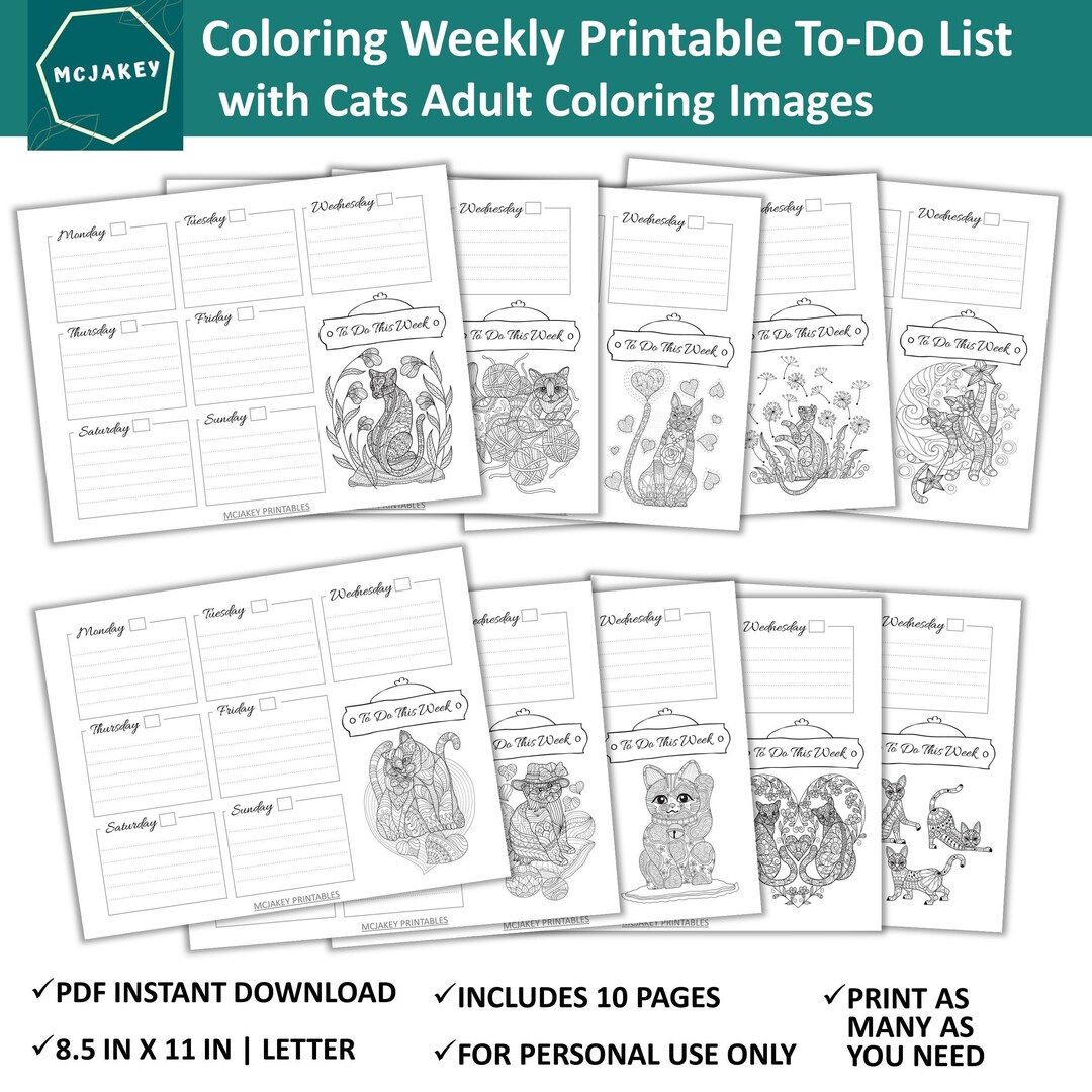 Coloring Cats Printable Weekly To-do List, Weekly Planner for Cat ...