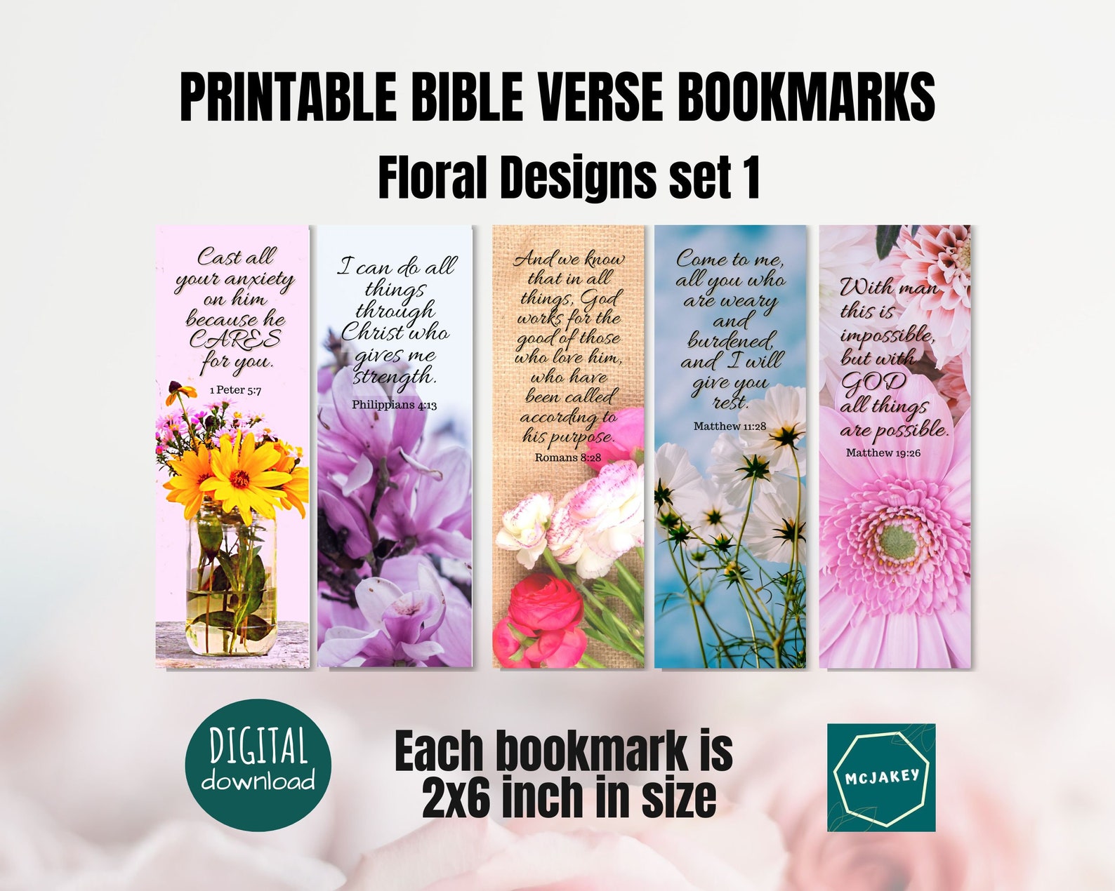5 Printable Bible Verse Bookmarks Floral Set 1, 2"x6" Size, Instant ...