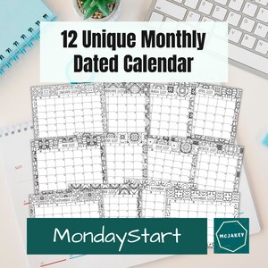 Printable & Editable Coloring Pattern Calendar for 2024, Geometric ...