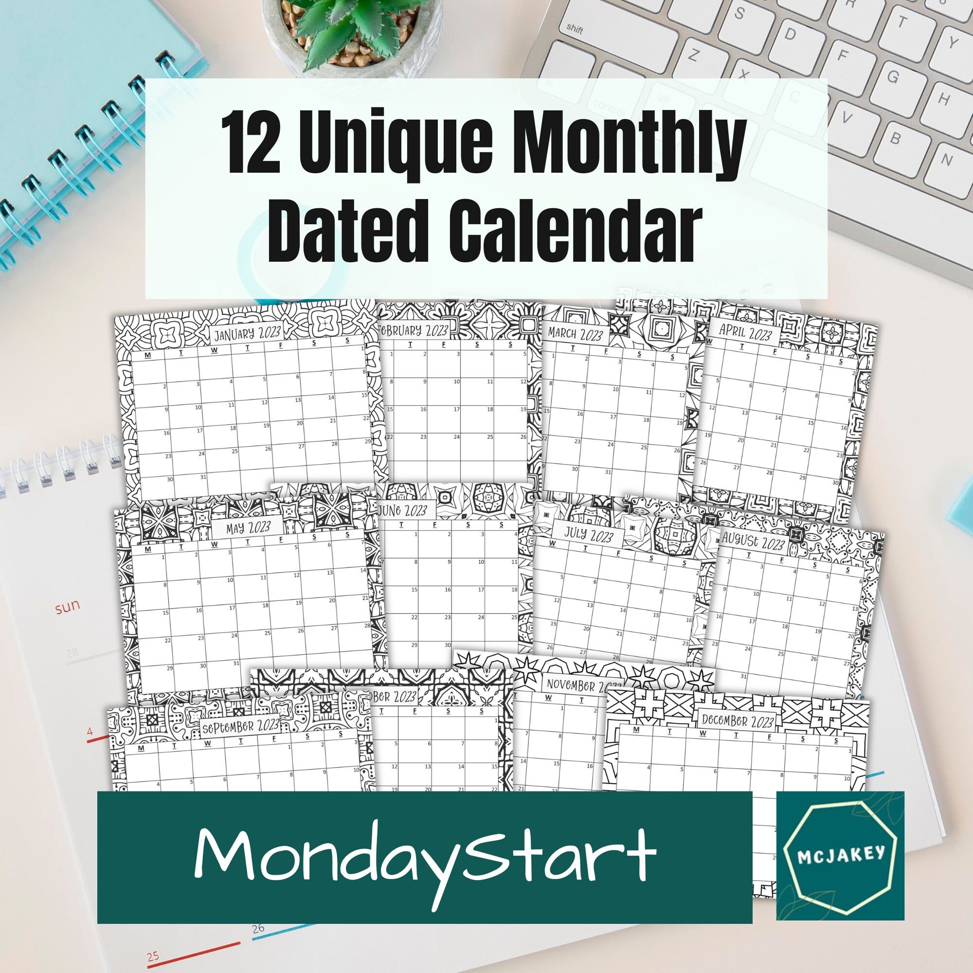 Printable Coloring Pattern Calendar for 2024, Geometric Borders, Dated ...