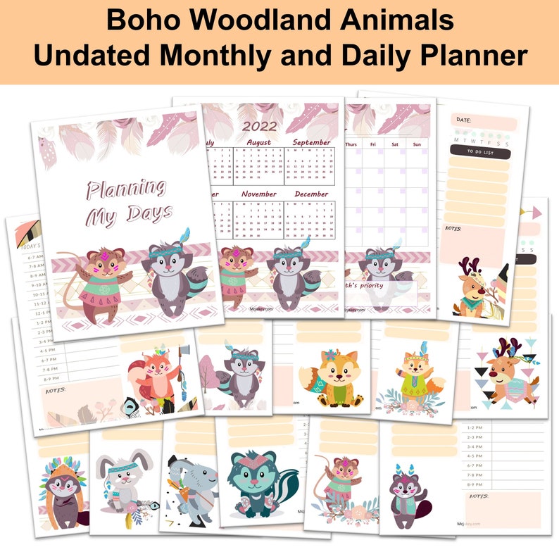 Printable Boho Woodland Animals Undated Monthly and Daily Planner for ...