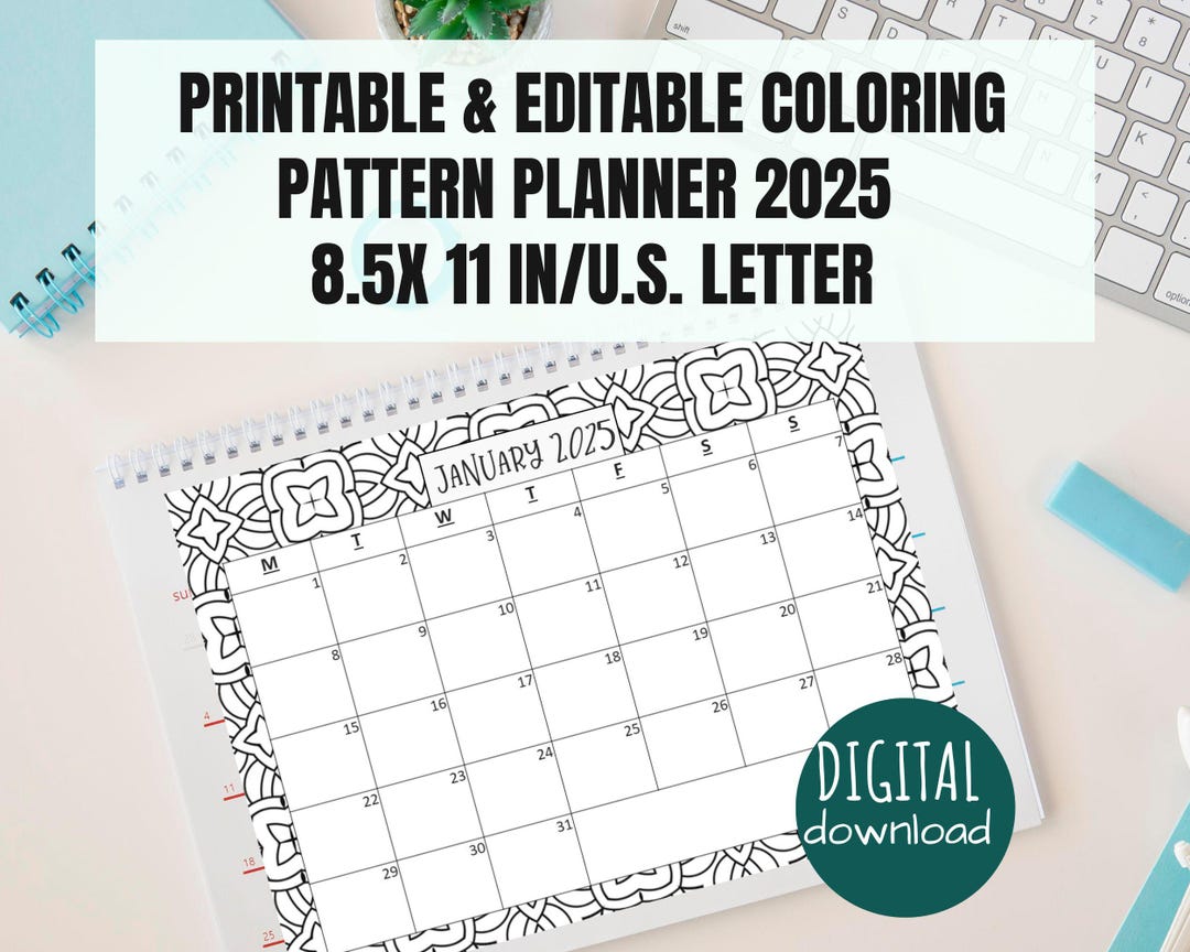Calendario para colorear 2025, imprimible y editable, con diseño, bordes geométricos ...