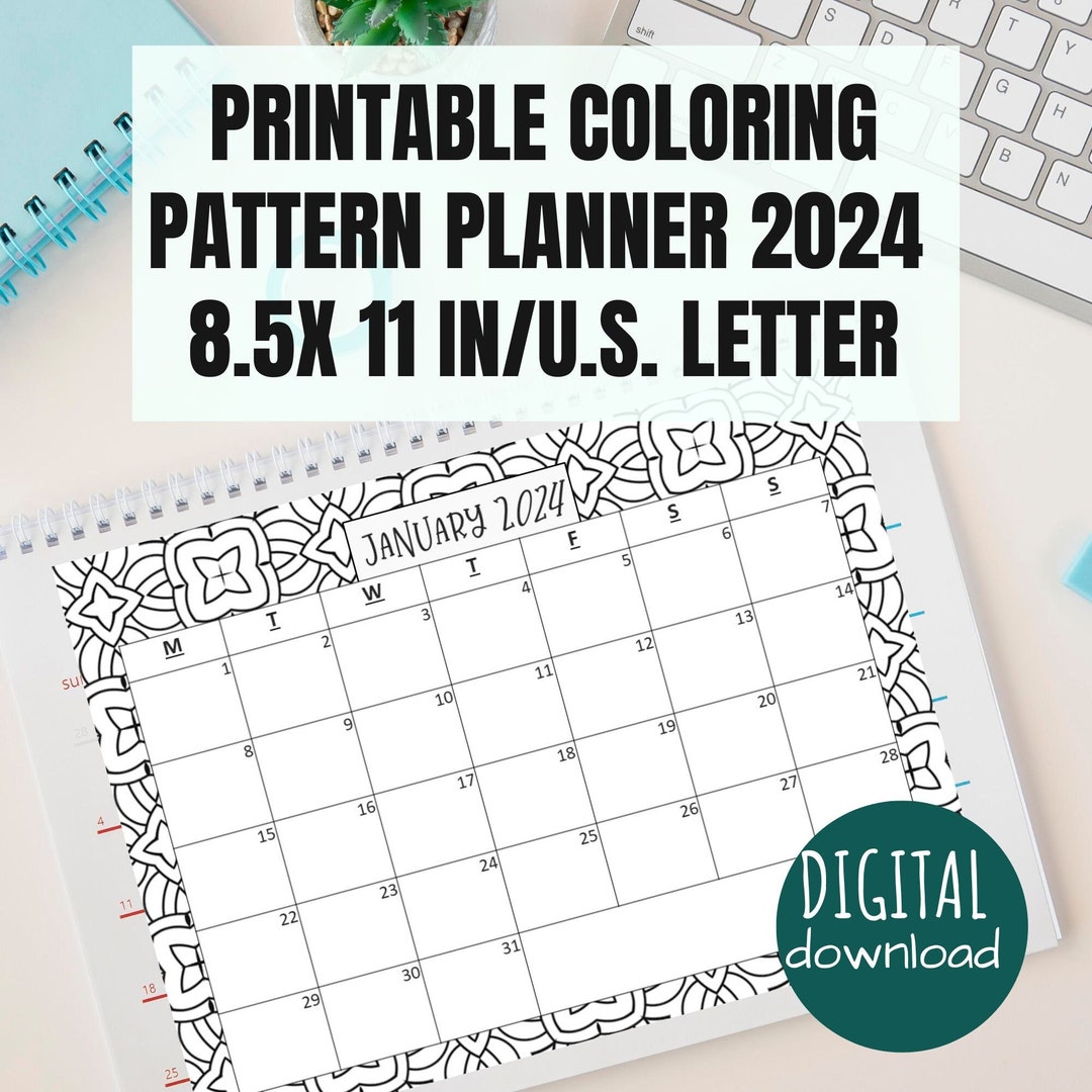 Printable Coloring Pattern Calendar for 2024, Geometric Borders, Dated ...