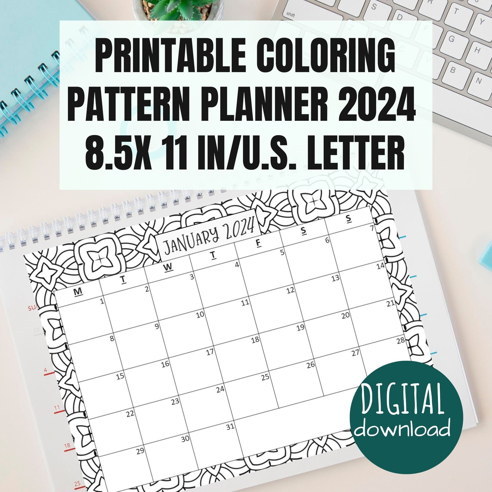 Printable & Editable Coloring Pattern Calendar for 2024, Geometric ...