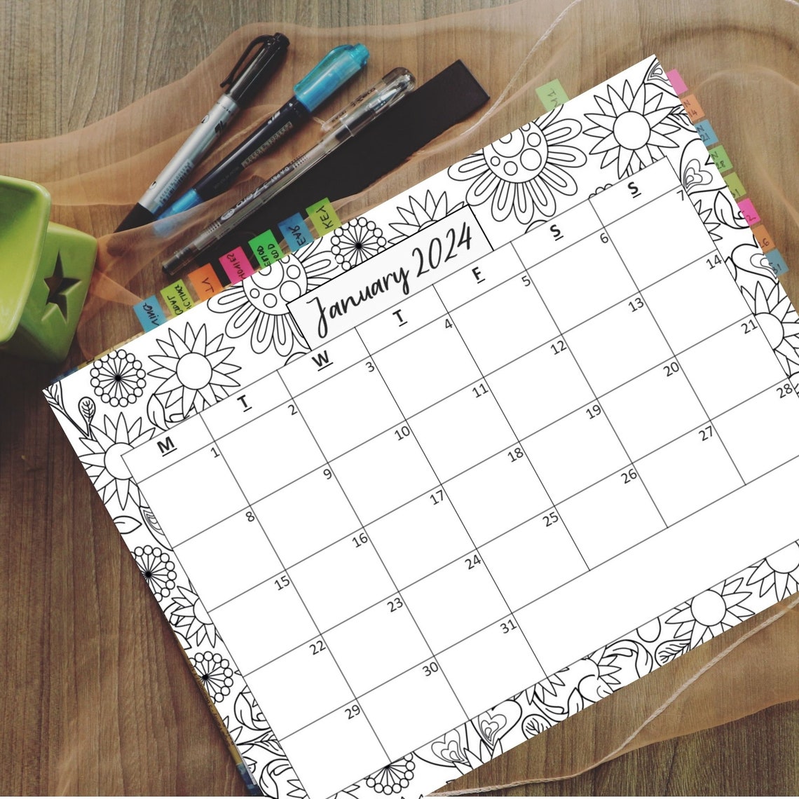 Printable & Editable Colorable Calendar for 2024, Floral Dated Monthly ...