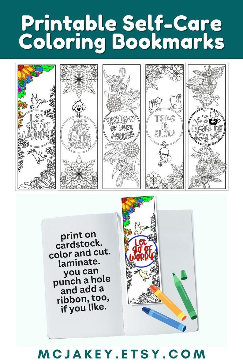 5 Printable Coloring Bookmarks, Flowers and Self-care Quotes, 2"x6 ...