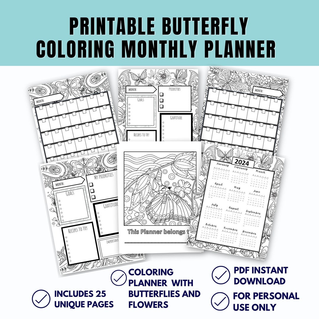 Undated Monthly Butterfly Coloring Planner PDF Printable, Butterflies ...