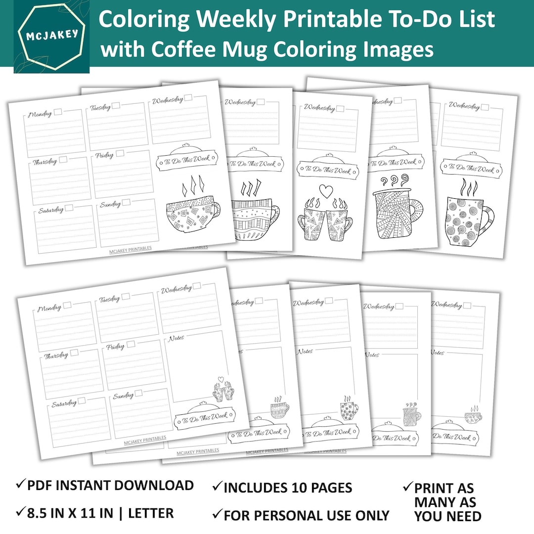 Coloring To-do List & Weekly Planner Printable, Fun Coffee Mug Coloring ...