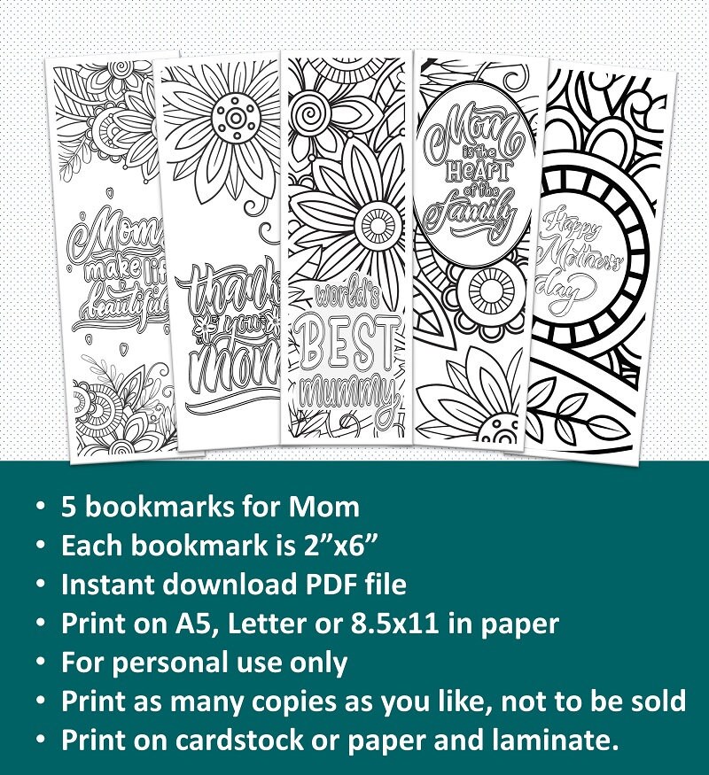 5 Printable Mother's Day Coloring Bookmarks, DIY Gift for Mom, 2"x6 ...
