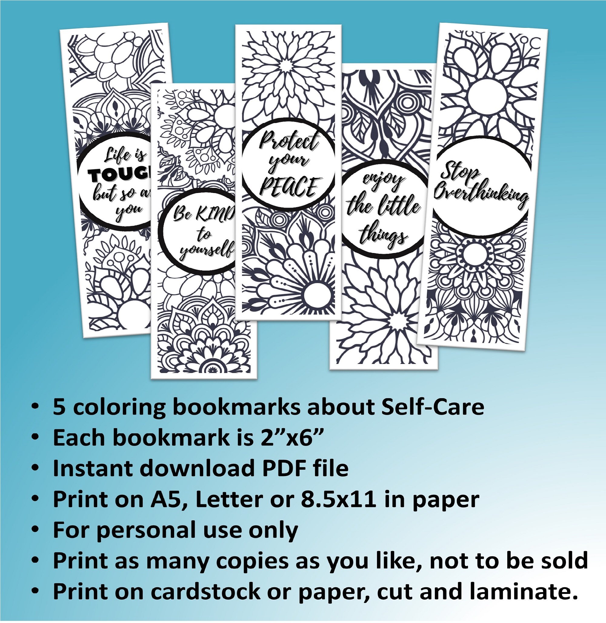 Set of 5 Printable Self-care Coloring Bookmarks, Floral Zen Designs, 2 ...