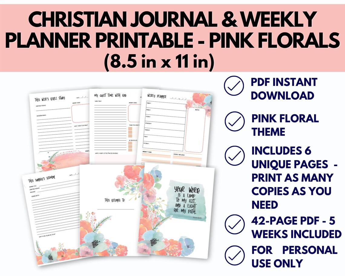 Christian Journal and Weekly Planner Printable PDF, Pink Floral Theme ...