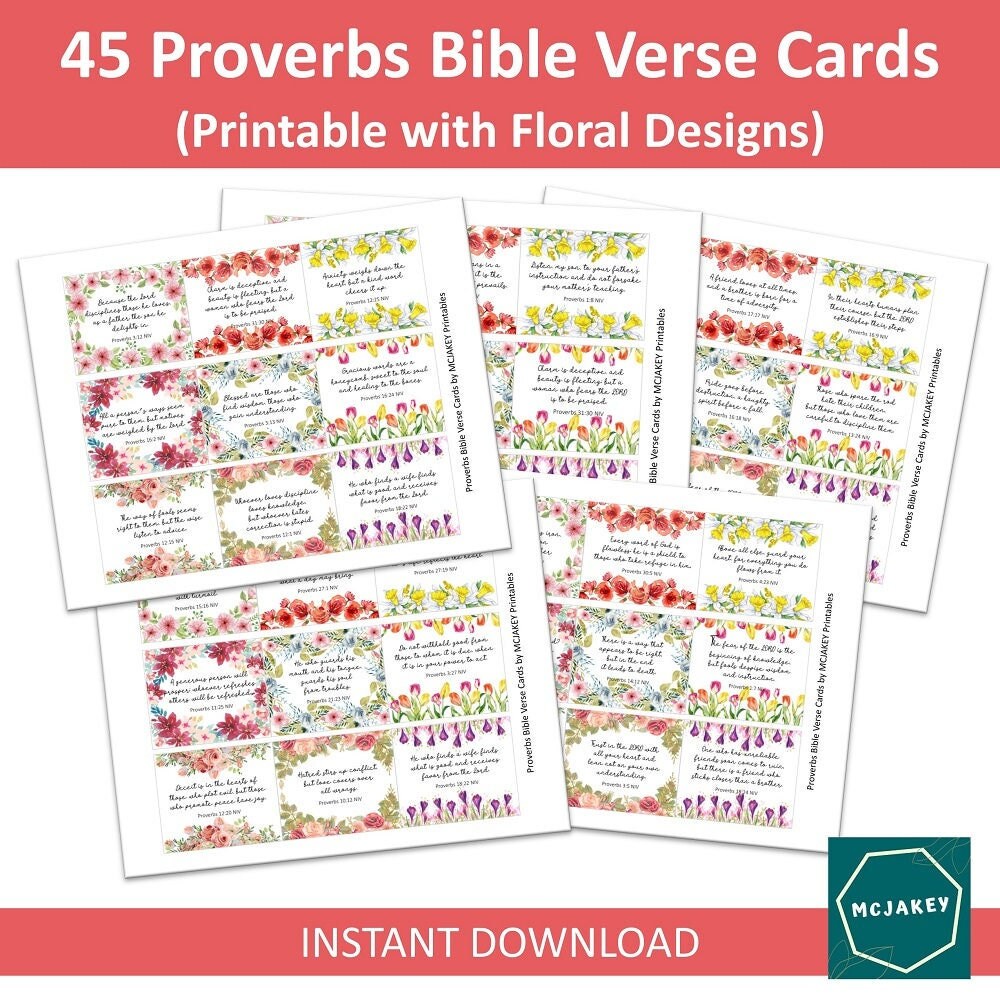 45 Proverbs Bible Verse Cards Floral Printable, 3"x 2.5" Size, Memorize ...