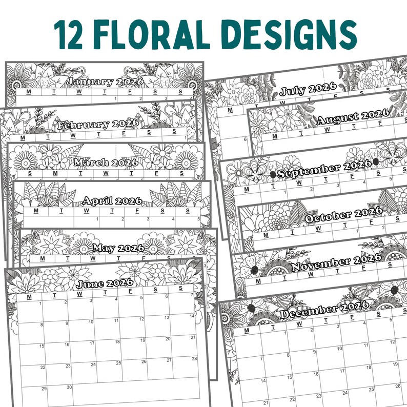 2026 Floral Calendar, Monthly Planner, Coloring Page (PDF Download ...
