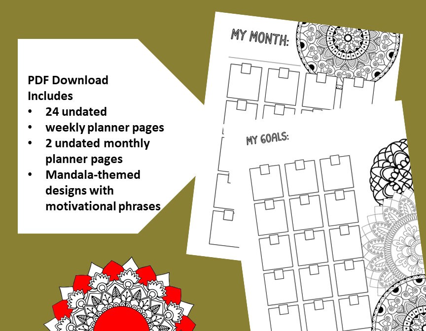 Mandala Weekly and Monthly Coloring Planner Printable, With ...