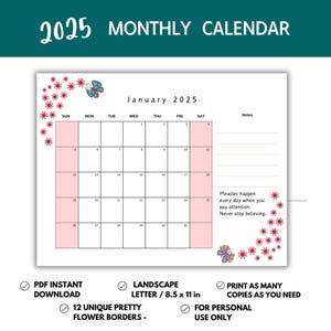 2025 Printable & Editable Monthly Calendar With Flowers and Butterflies ...
