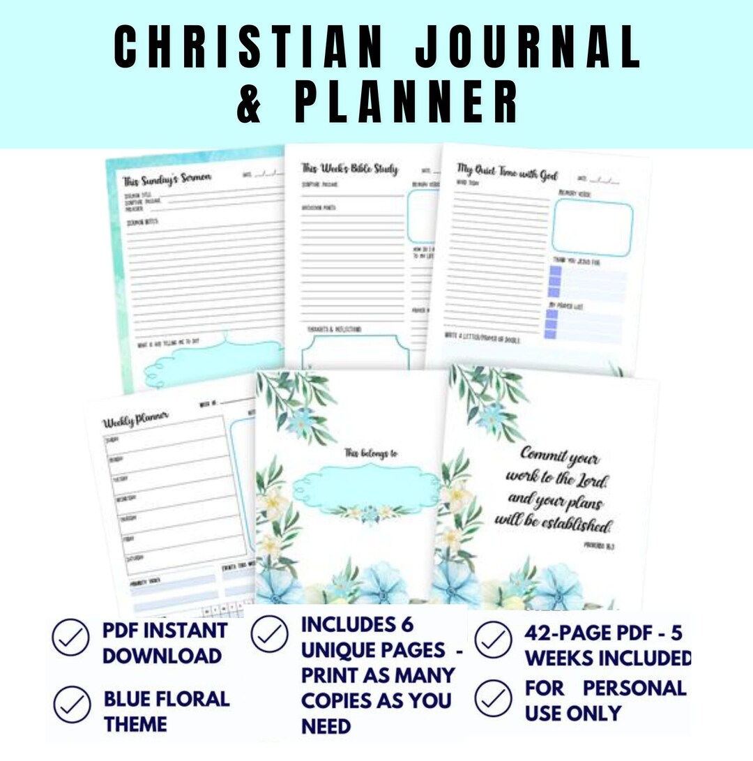 Christian Journal and Weekly Planner Printable PDF, Floral Blue Theme ...