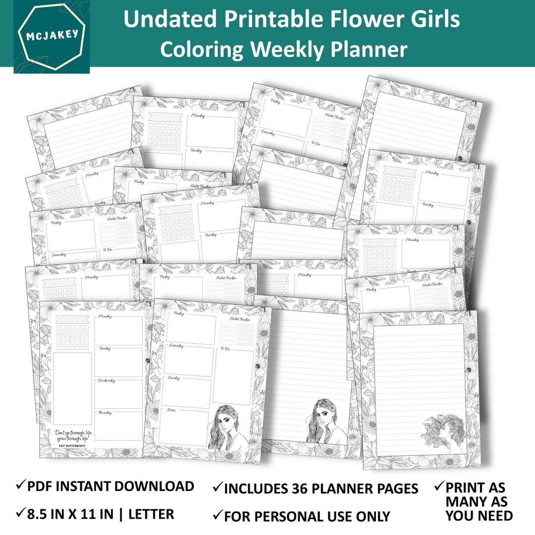 Printable Coloring Weekly Planner and Journal for Girls, Undated Floral ...