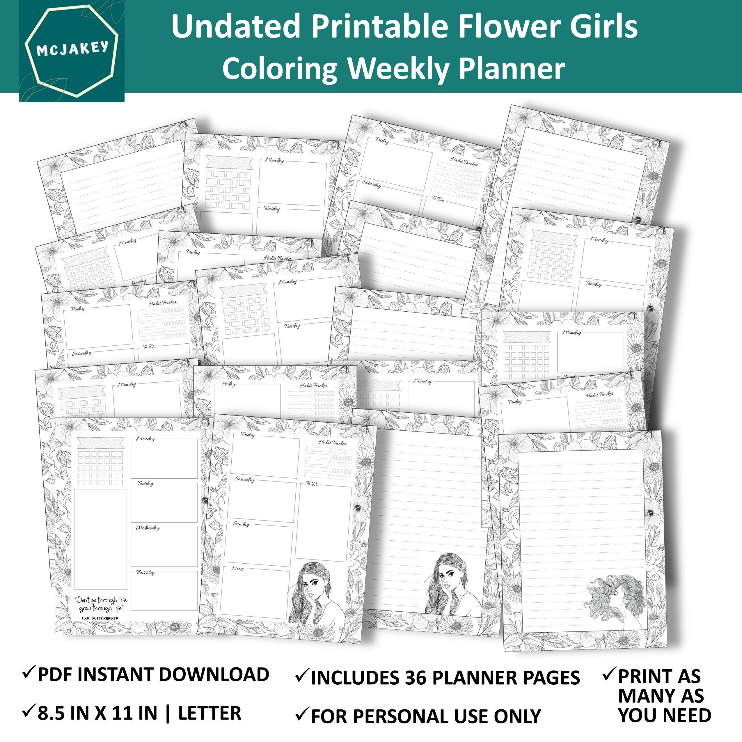 Printable Coloring Weekly Planner and Journal for Girls, Undated Floral ...