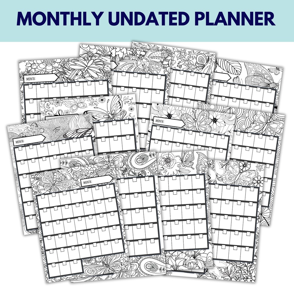 Undated Monthly Butterfly Coloring Planner PDF Printable, Butterflies ...