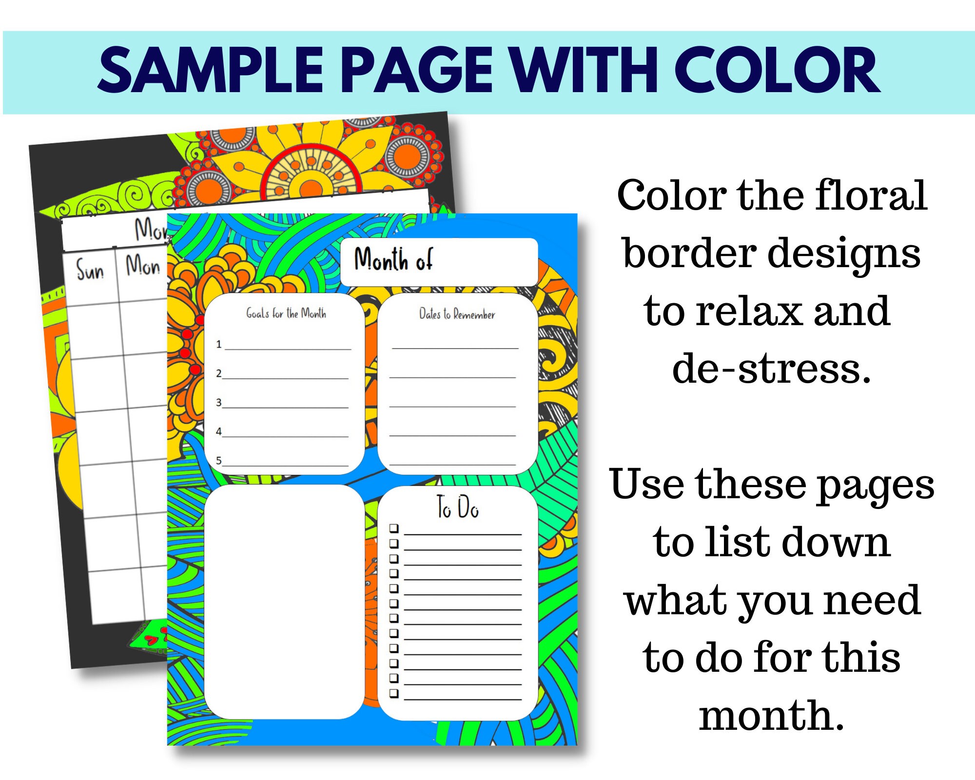 Undated Monthly Coloring Planner PDF Printable, Floral-theme Coloring ...